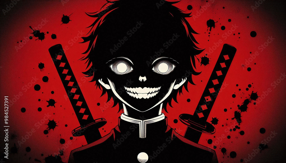 Silhouette of a sinister anime-style boy smiling maliciously with sharp ...