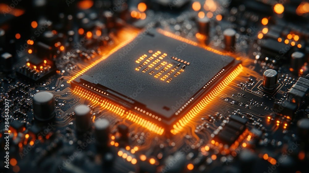 Modern computer processor with visible transistors and electrical ...