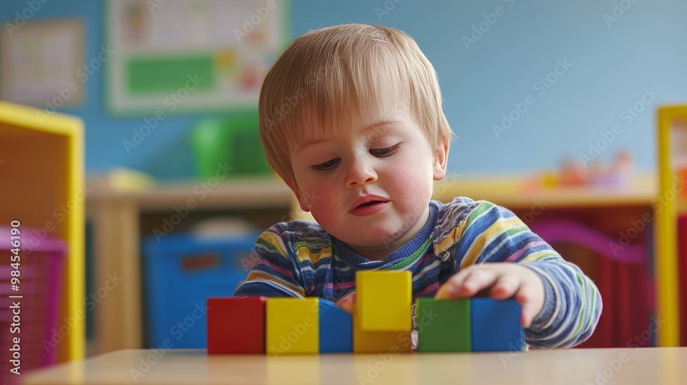 Adorable toddler boy with Down Syndrome stacking colorful blocks during ...