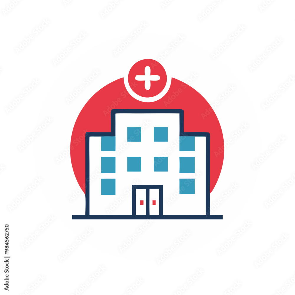 Medical hospital building icon in modern flat style with blue and red ...