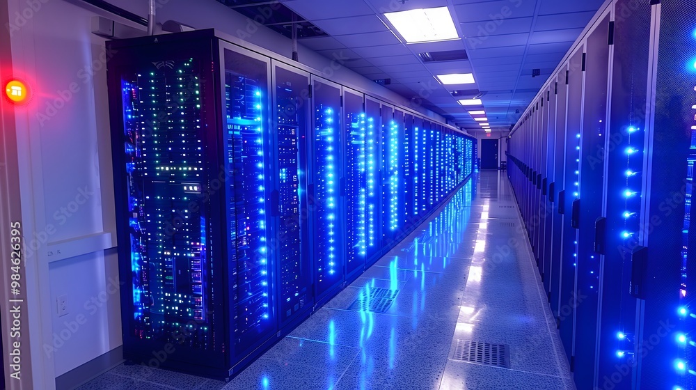 row of server racks in a data center. These racks house servers, and ...