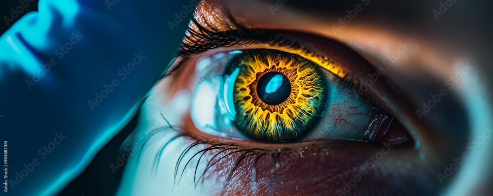 Medical examination of yellow sclera in a patients eye, blue gloved ...