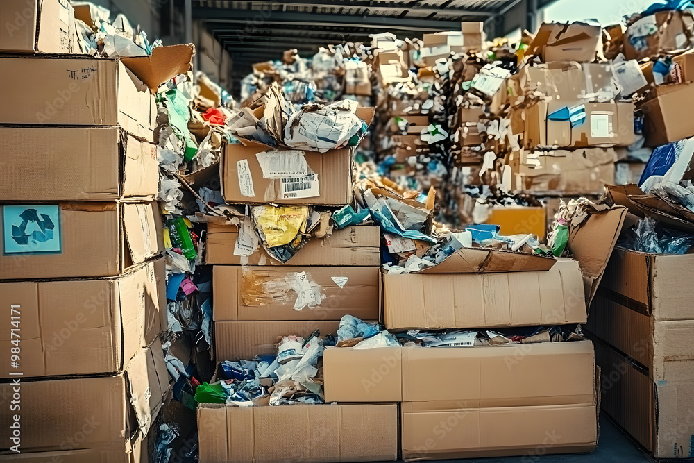 Stacked cardboard boxes and paper waste for reprocessing or upcycling ...