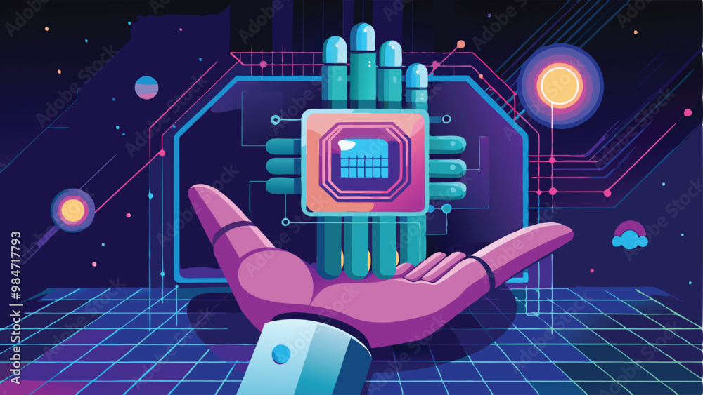 Humanoid Hand Holding Computer Chip Vector Illustration in Detailed ...