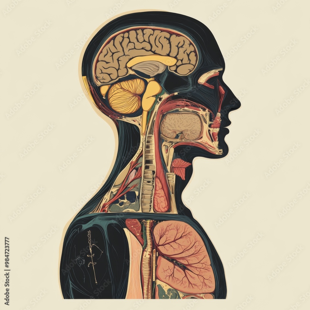 Detailed cross-section illustration of the human head and torso ...