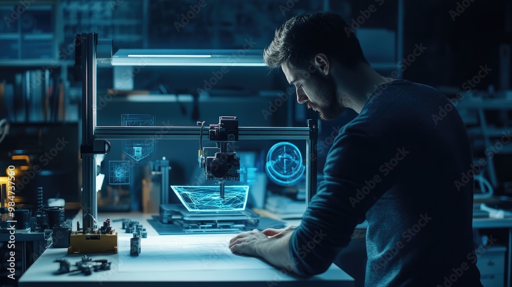 Engineer using a 3D printer to create prototypes with mathematical ...