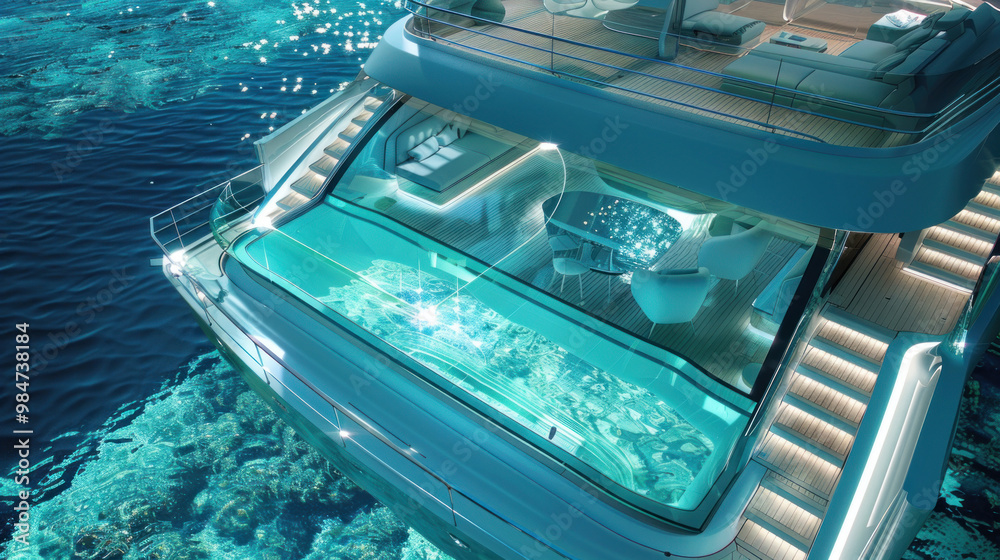 A luxury yacht made of glass, with transparent floors and walls ...