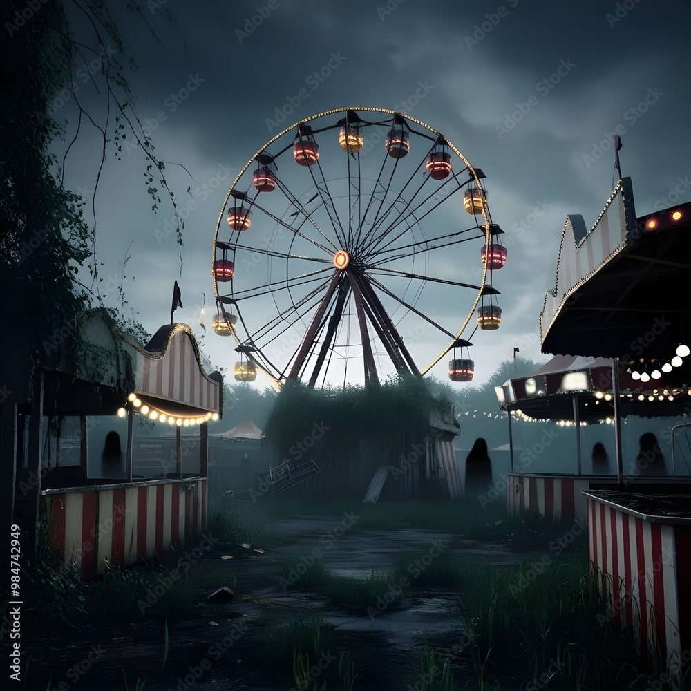 Eerie carnival with a ferris wheel under a full moon, haunted ...