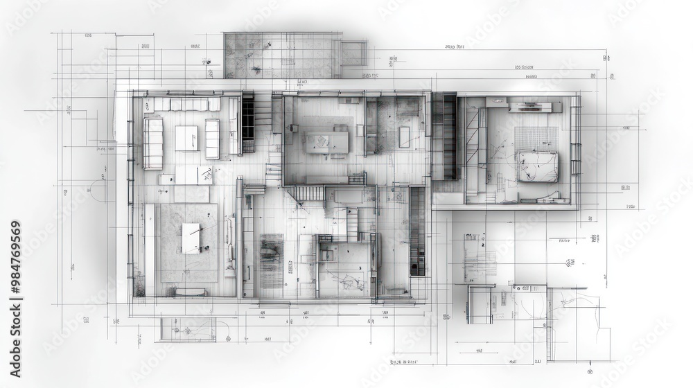 Architectural blueprint of a modern home design featuring an open ...