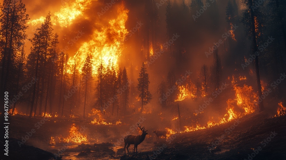 Wildlife fleeing from a burning forest, visualizing the catastrophic ...