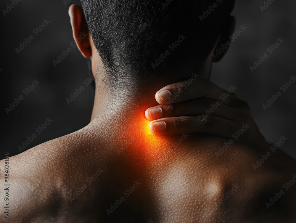 Neck pain with shoulder tension, a person massaging their neck and ...
