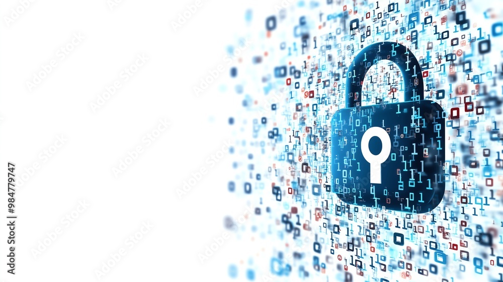 Digital lock and binary code represent cybersecurity, data protection, and secure information ...