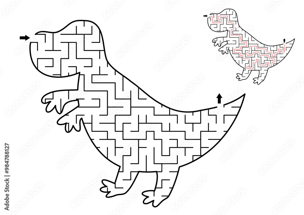 Dinosaur geometrical maze with for kids. Preschool printable activity ...