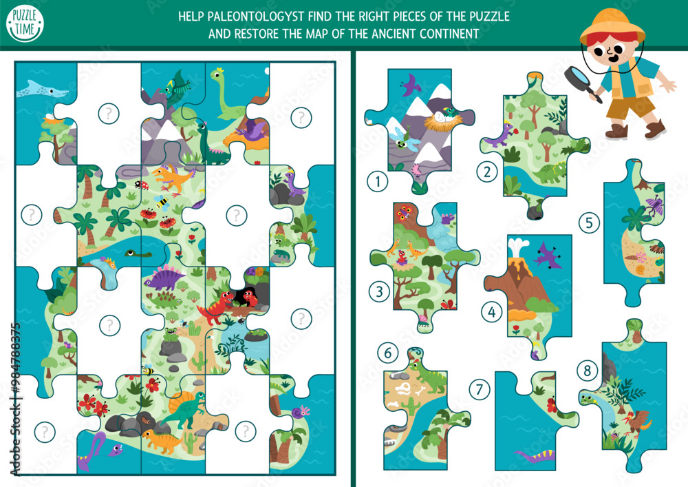 Dinosaur matching activity with prehistoric continent map shaped as ...