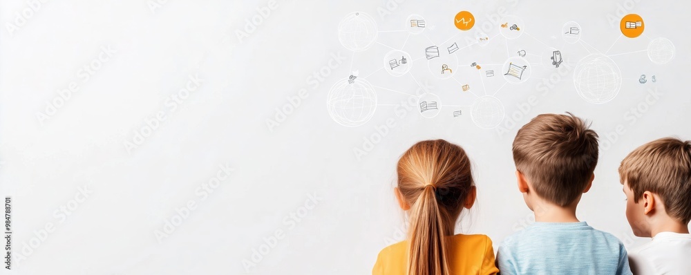 Children participating in a group learning activity, with floating ...