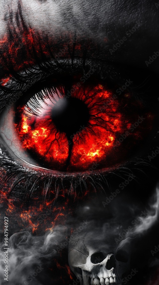 Create for me an image of a vampire eye, red in color with black ...