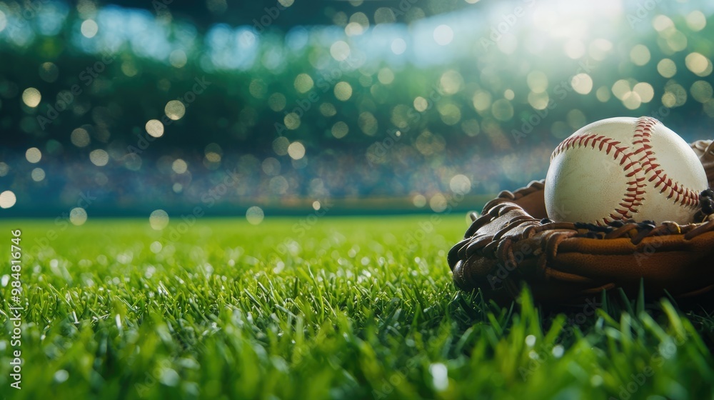 Baseball field in an open-air stadium during the day with a bat, glove ...