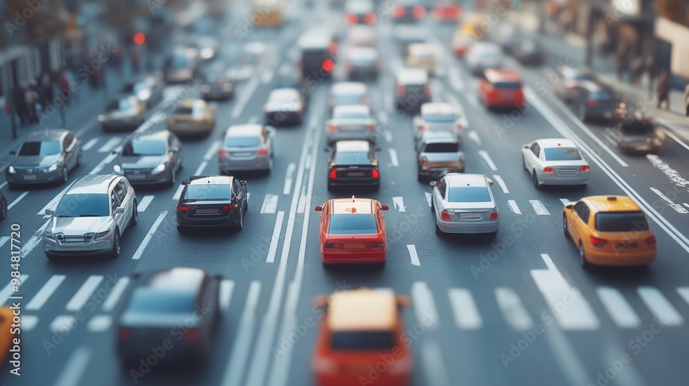 A busy city street with a traffic jam during rush hour, showing ...