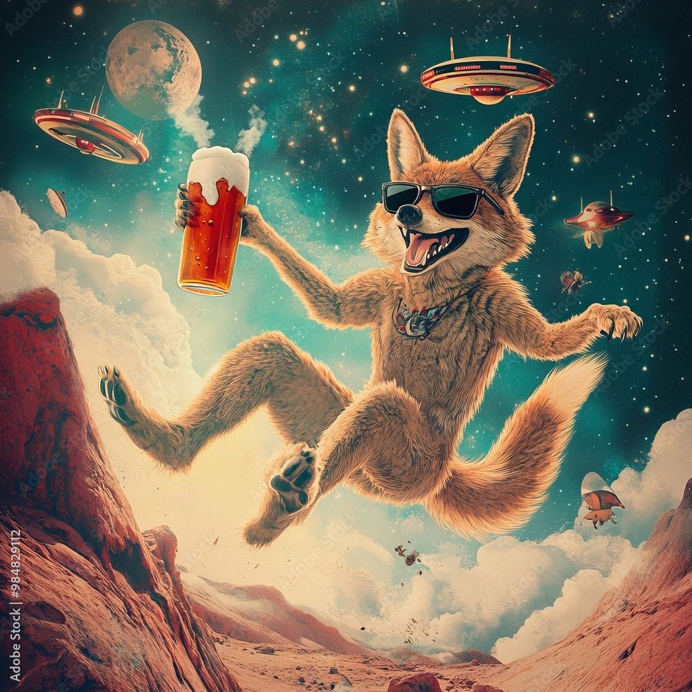 full body crazy wild coyote jumping and drinking beer, wearing ...