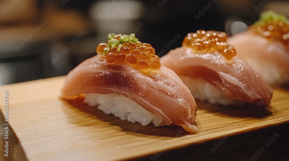 A detailed shot of a premium omakase dish featuring uni (sea urchin ...