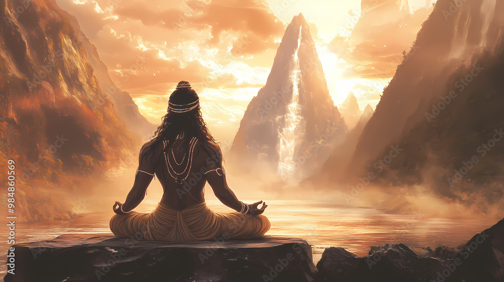 ภาพประกอบ Stock Realistic illustration of hindu god mahadev meditation ...