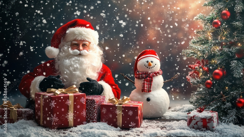 christmas tree decorations, santa claus with gifts, snowman in the snow ...