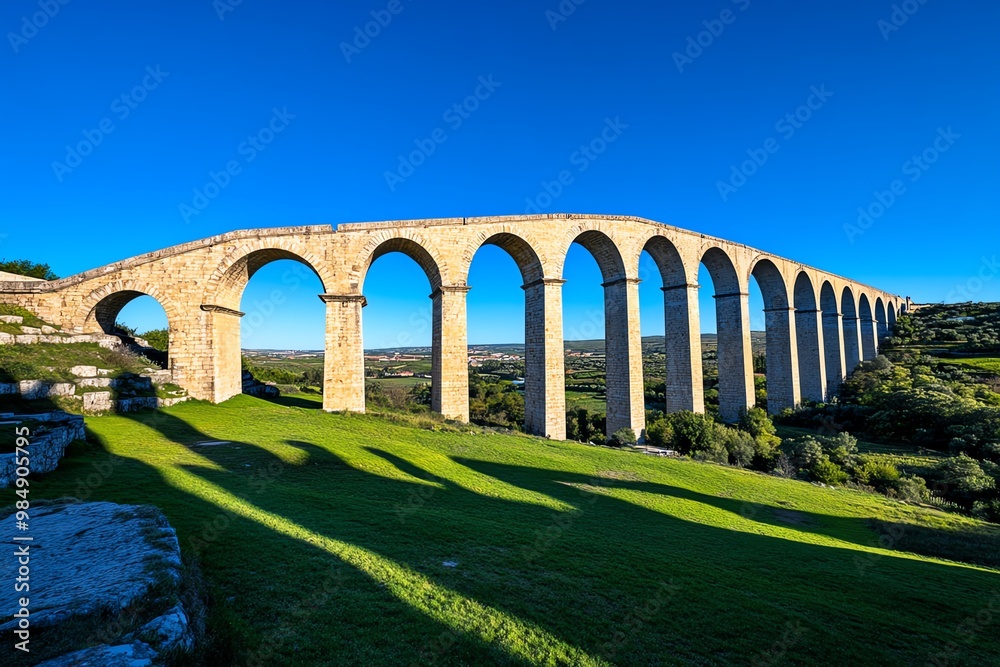 Shadows cast by the arches of the aqueduct, adding depth and contrast ...