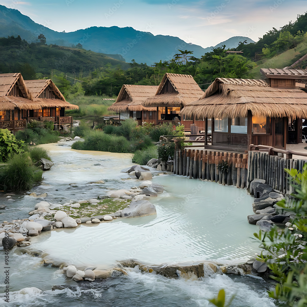 A photo of a scenic hot spring resort in Taiwan. There are several ...