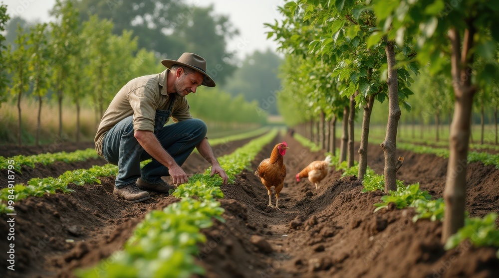 Farmer practicing agroforestry by planting young trees between rows of ...
