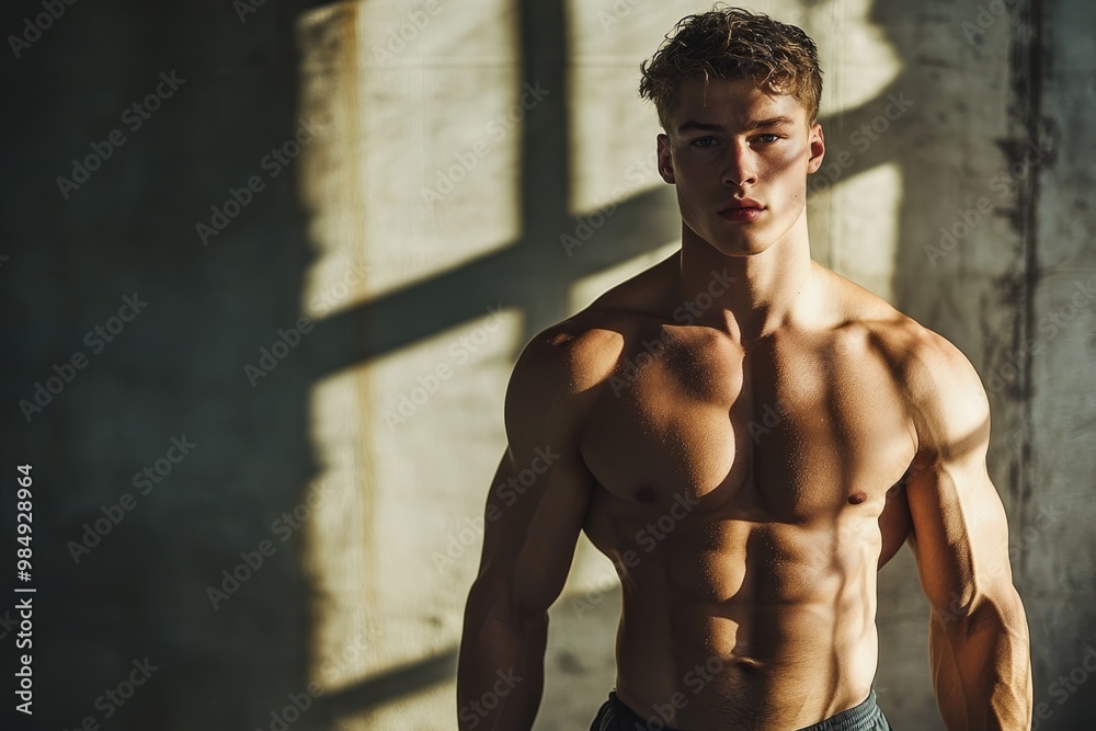 Handsome bodybuilder posing showing his muscles and six pack abs Stock ...