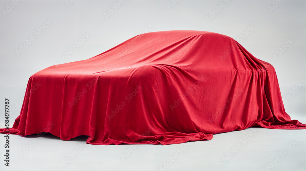 Red draped cloth hiding a sport car on white backdrop Stock Photo ...