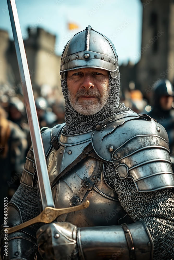 A knight in full armor stands at attention with a sword, poised in a ...