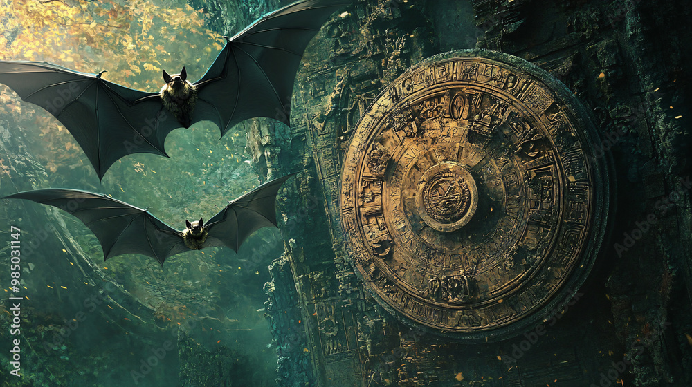 A detailed composition of bats flying around a mystical artifact ...