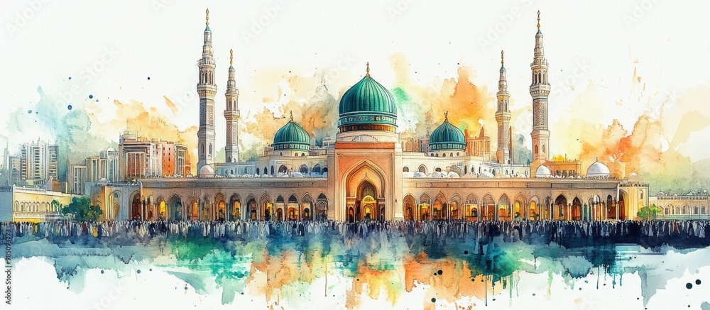 Watercolor hand draw The Prophets Mosque (Masjid an-Nabawi) in Medina ...