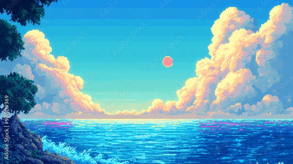 A pixel art background in 8-bit style, featuring a dither ocean texture ...