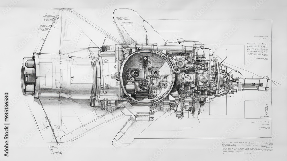 Detailed technical drawing of a rocket engine with exposed internal ...