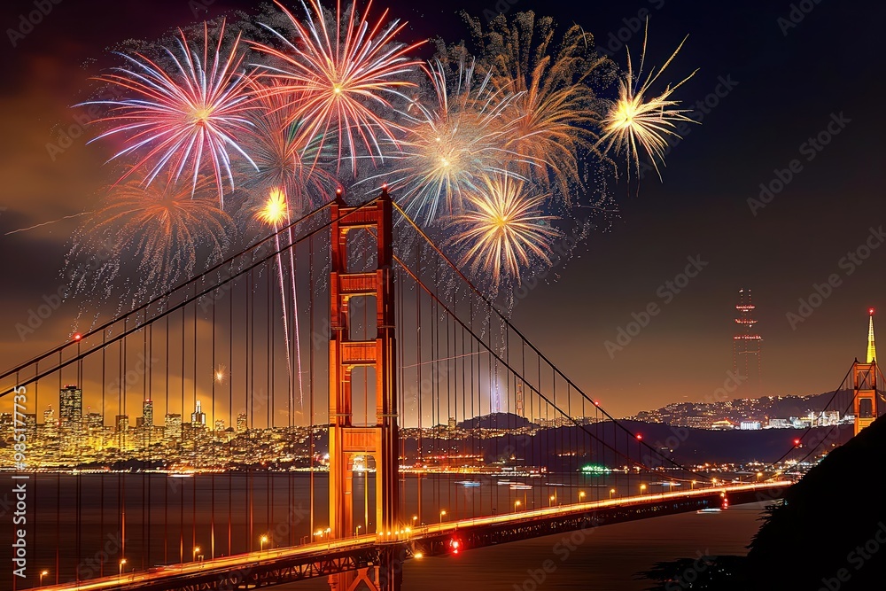 Golden Gate Bridge, iconic San Francisco landmark, illuminated at night ...