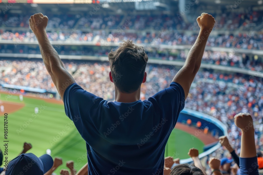 Baseball game excitement as man raises arms in celebration amidst ...