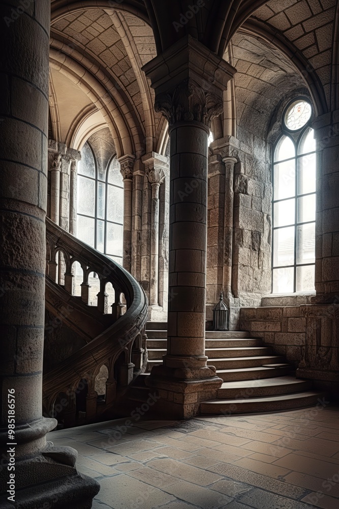 Stone cathedral interior with pillars, stairs, and large windows ...
