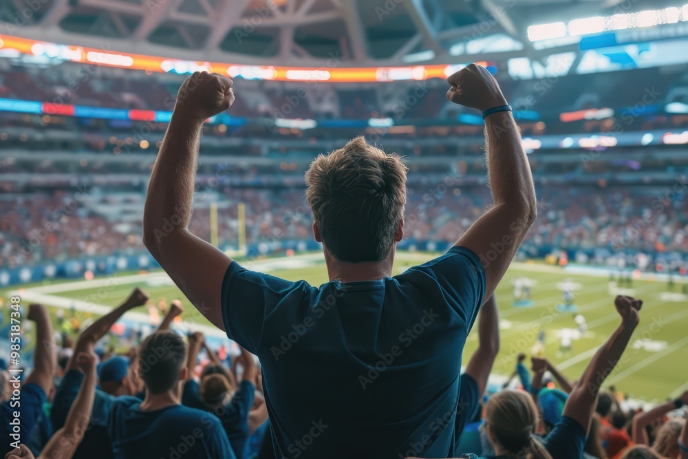 Man celebrates victory in a packed football stadium. He raises arms in ...