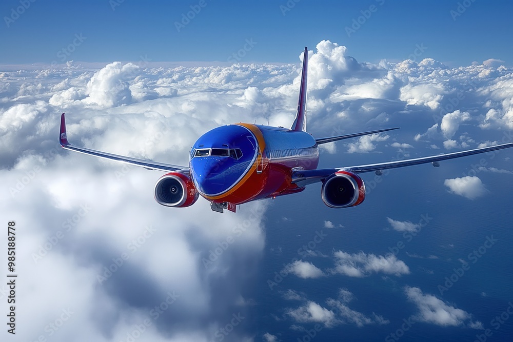 Plane flying in sky over Boston Airport. Airlines aircraft in flight ...