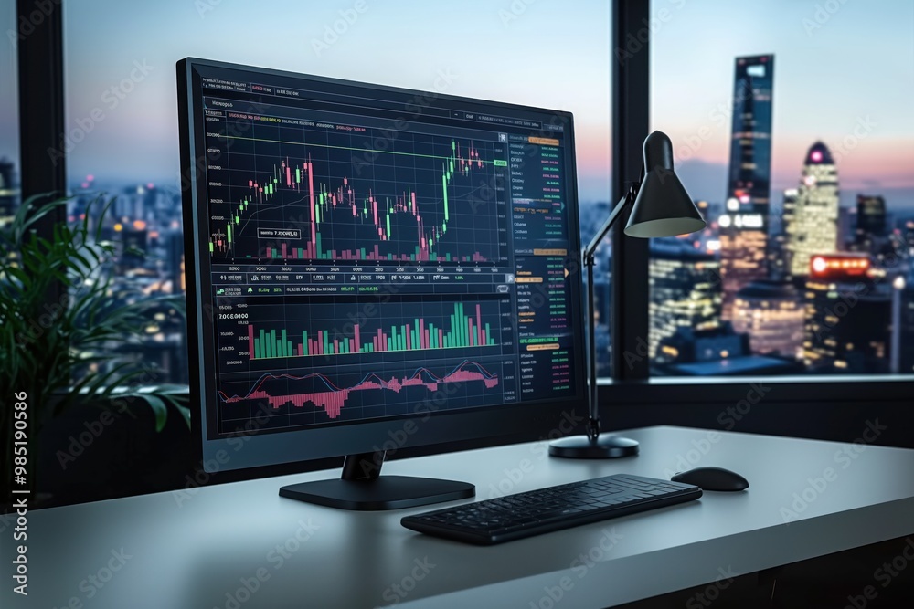 Computer monitor displays detailed financial graph of market. generated illustration shows ...