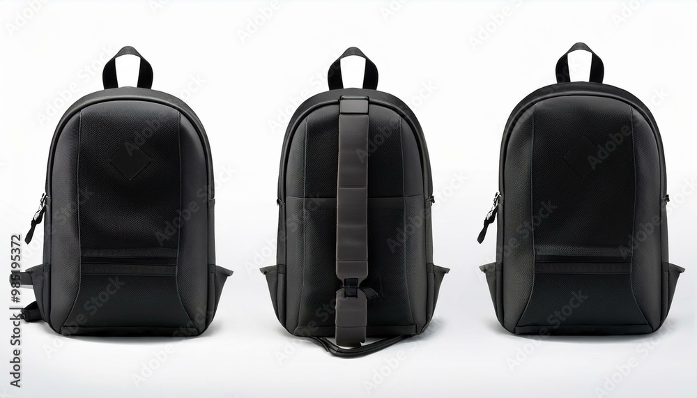Realistic mockups of a black backpack, shown from various angles ...