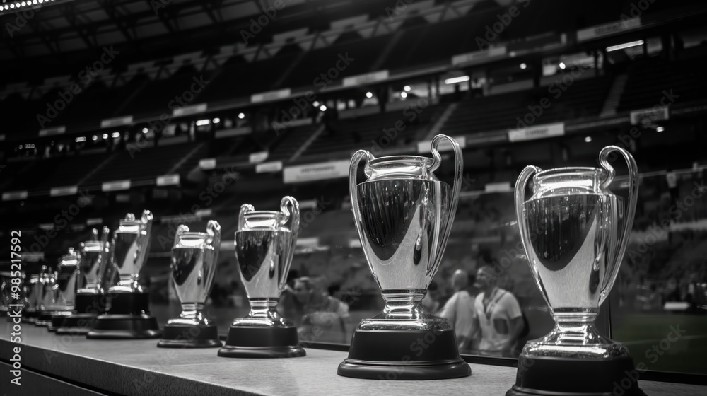 Grayscale image of UEFA Champions League trophies in Real Madrid ...