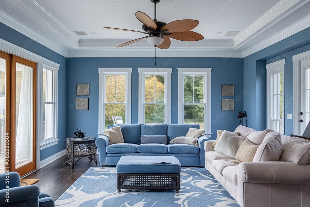 Blue wall interior design modern house with ceiling fan above. Suburban ...