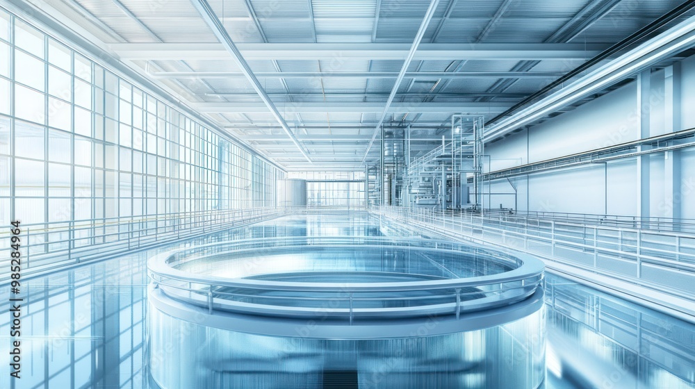 A modern industrial facility with large glass windows and circular ...