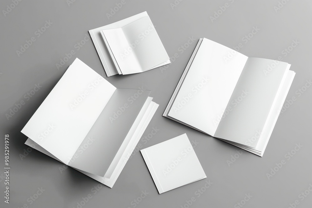 Blank brochures on grey background. Open and closed brochures, mock-up ...
