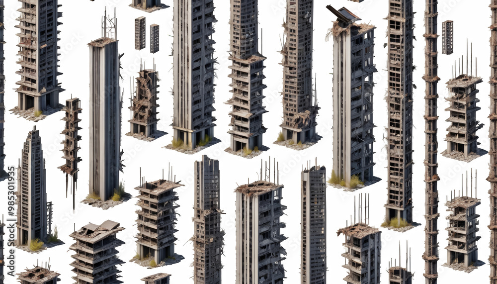 skyscrapers set tall apocalyptic background white olated ruined ...