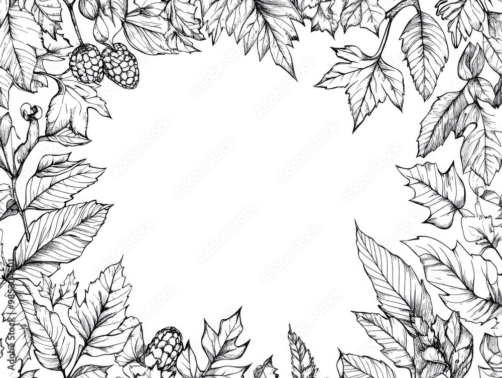 Autumn leaf outline frame Hand drawn fall foliage line art illustration ...