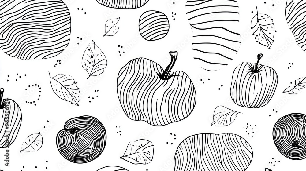 Line art illustration featuring a pattern of apples spirals stripes and ...